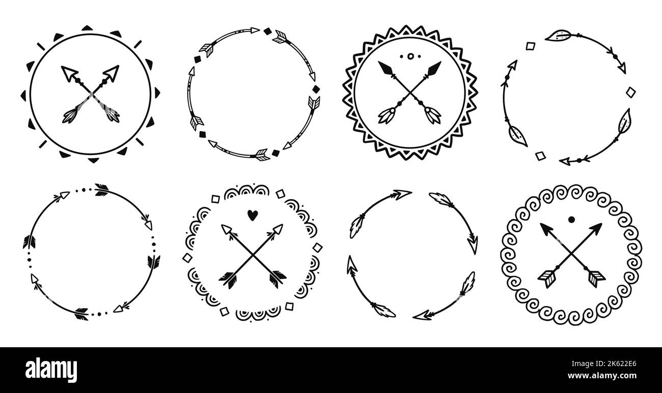 Arrow circle american pattern frame set. Hand drawn doodle boho, rustic ...