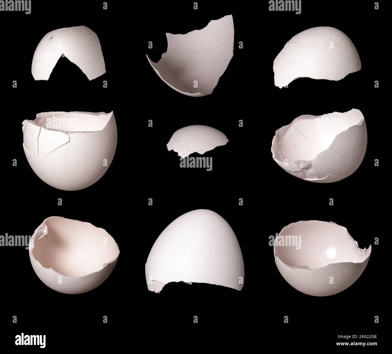 set of shell fragments with cracks isolated on black background. High ...