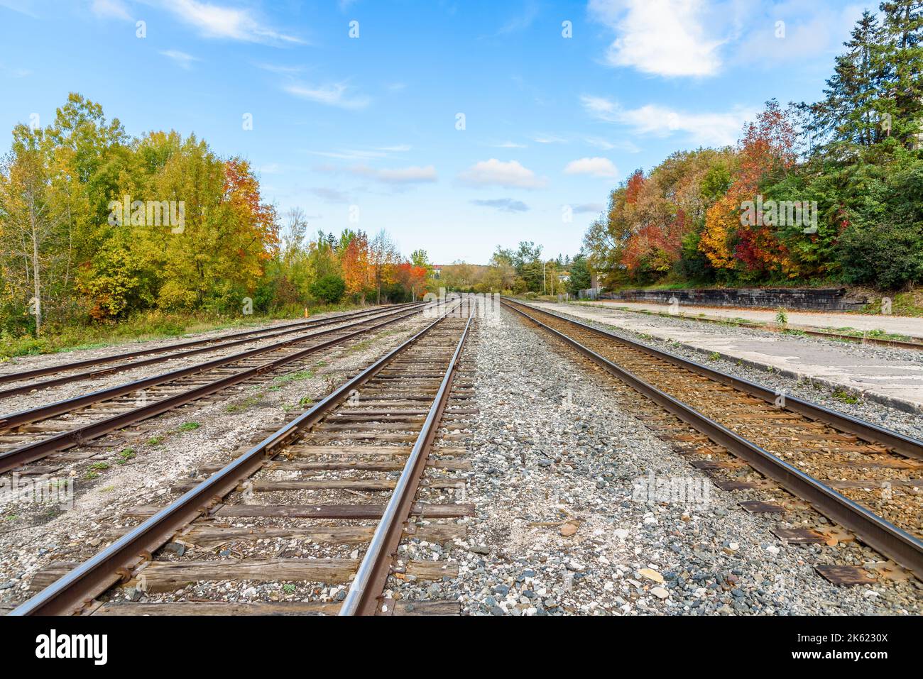 Empty Railway tracks lined with colourful autumnal trees at a train ...