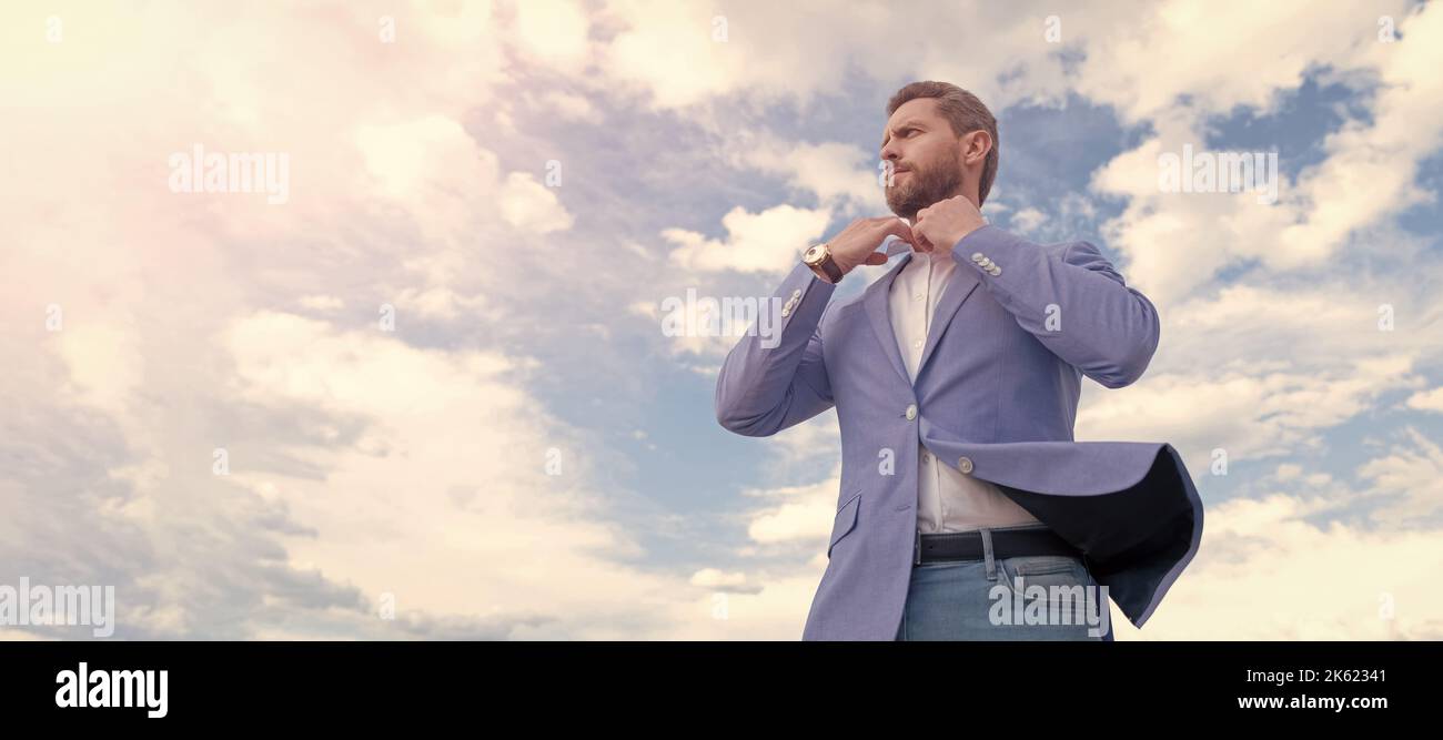 Man face portrait, banner with copy space. Business man in suit, blue ...
