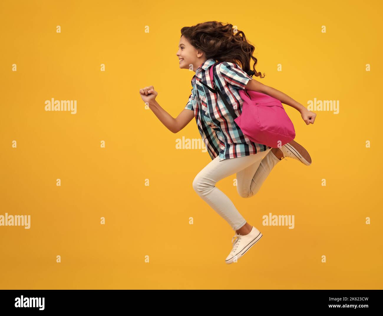 School girl with backpack. Teenager student, isolated background ...