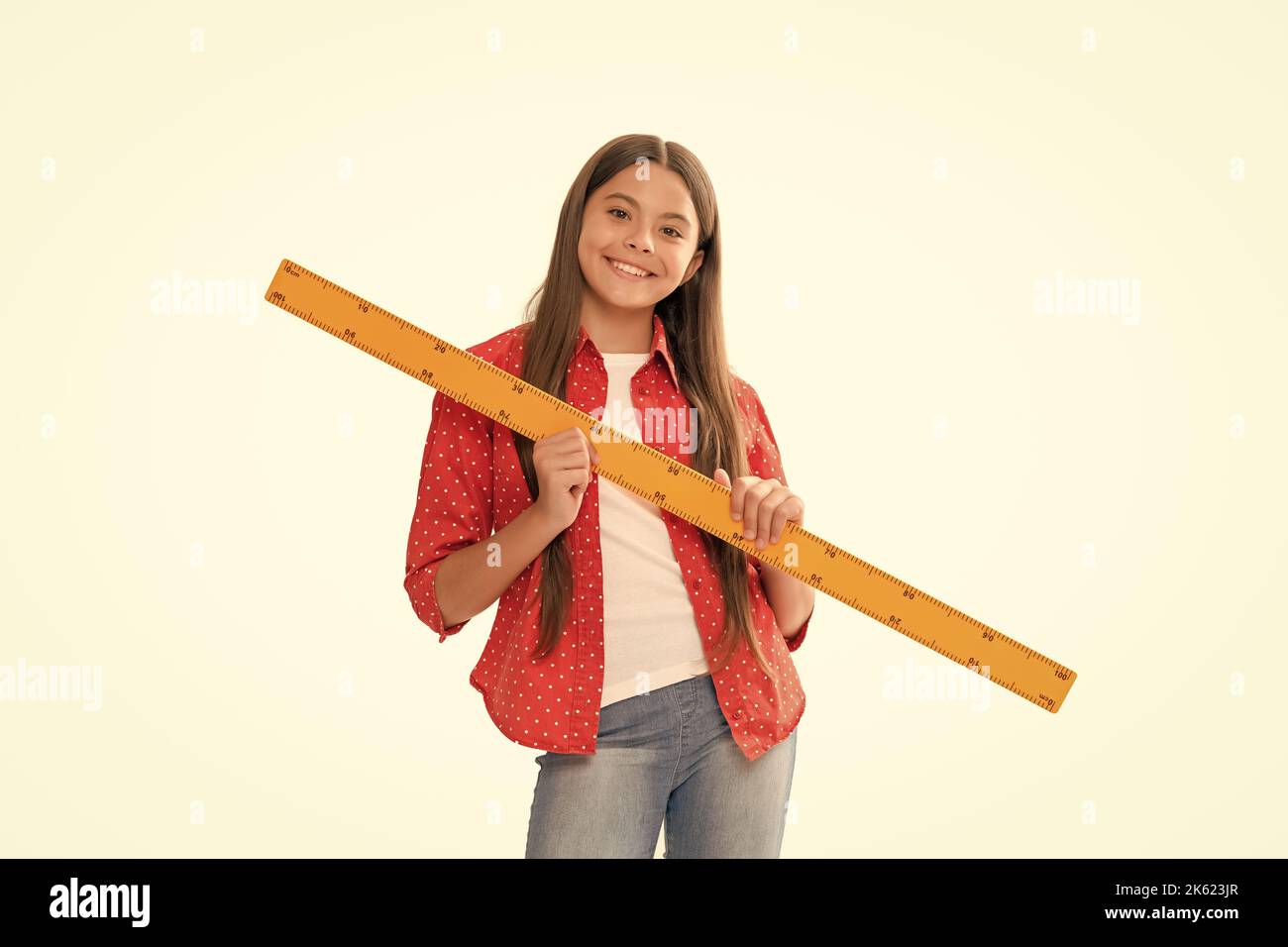 education for child. mathematics. happy teen girl with ruler. back to ...