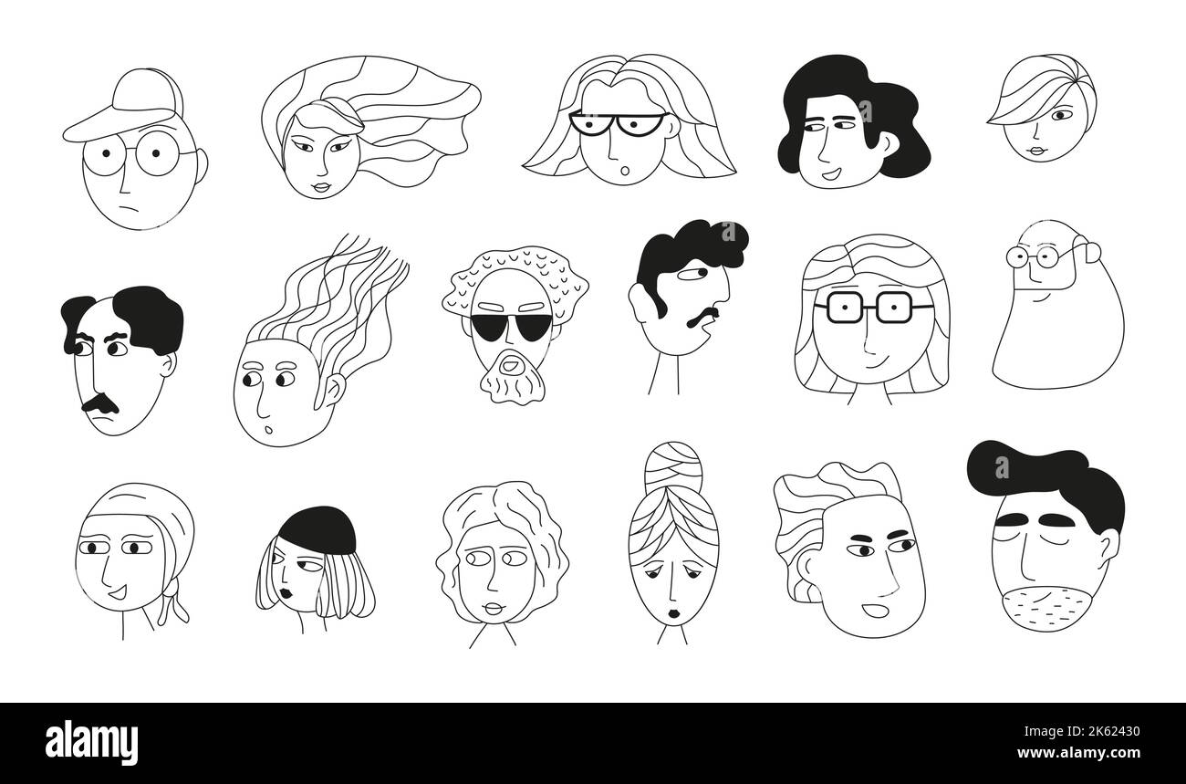 Funny faces doodle people set vector. Portraits of various men and ...
