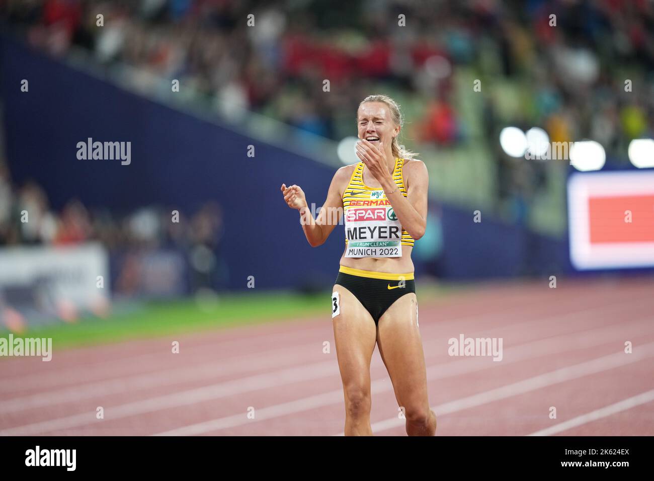 Lea Meyer participating in the 3000m steeplechase of the European Athletics Championships in ...