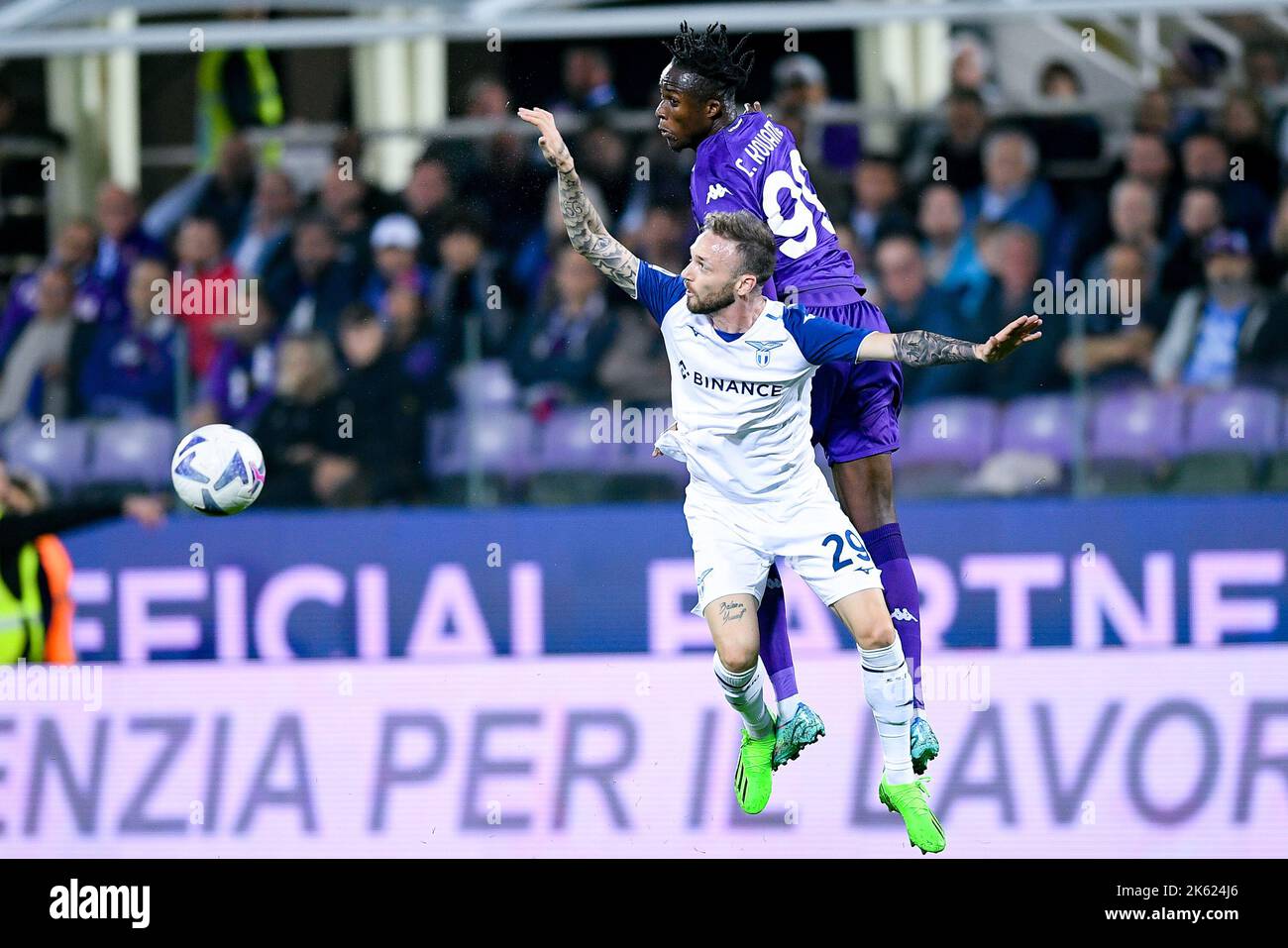 Florence, Italy. 10th Oct, 2022. Manuel Lazzari of SS Lazio and Christian Kouame' of ACF jump ...