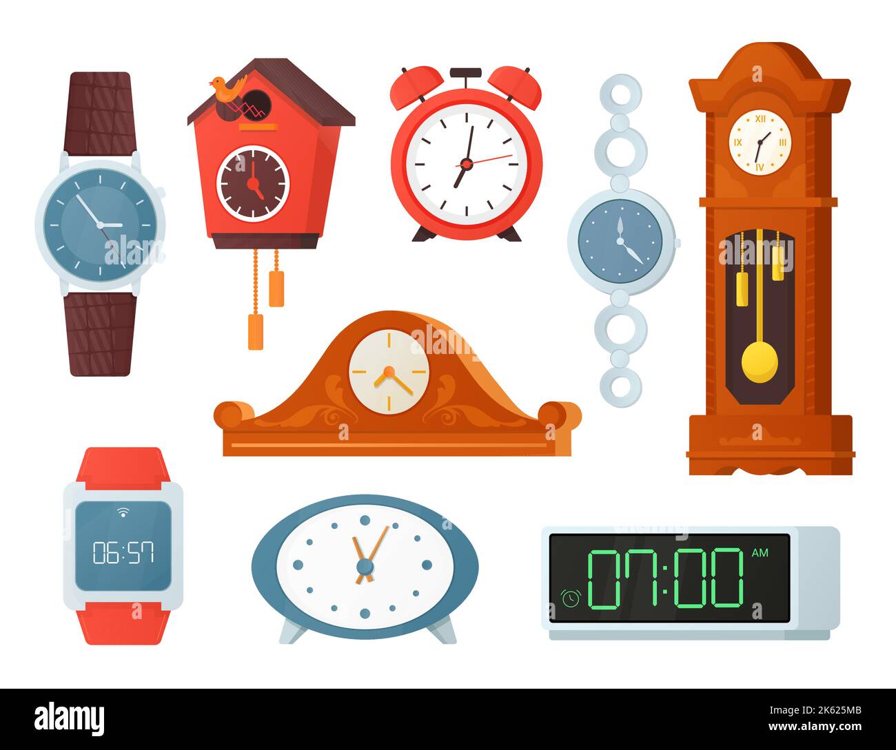 Electronic And Analog Clocks Flat Design Style Objects Set Stock
