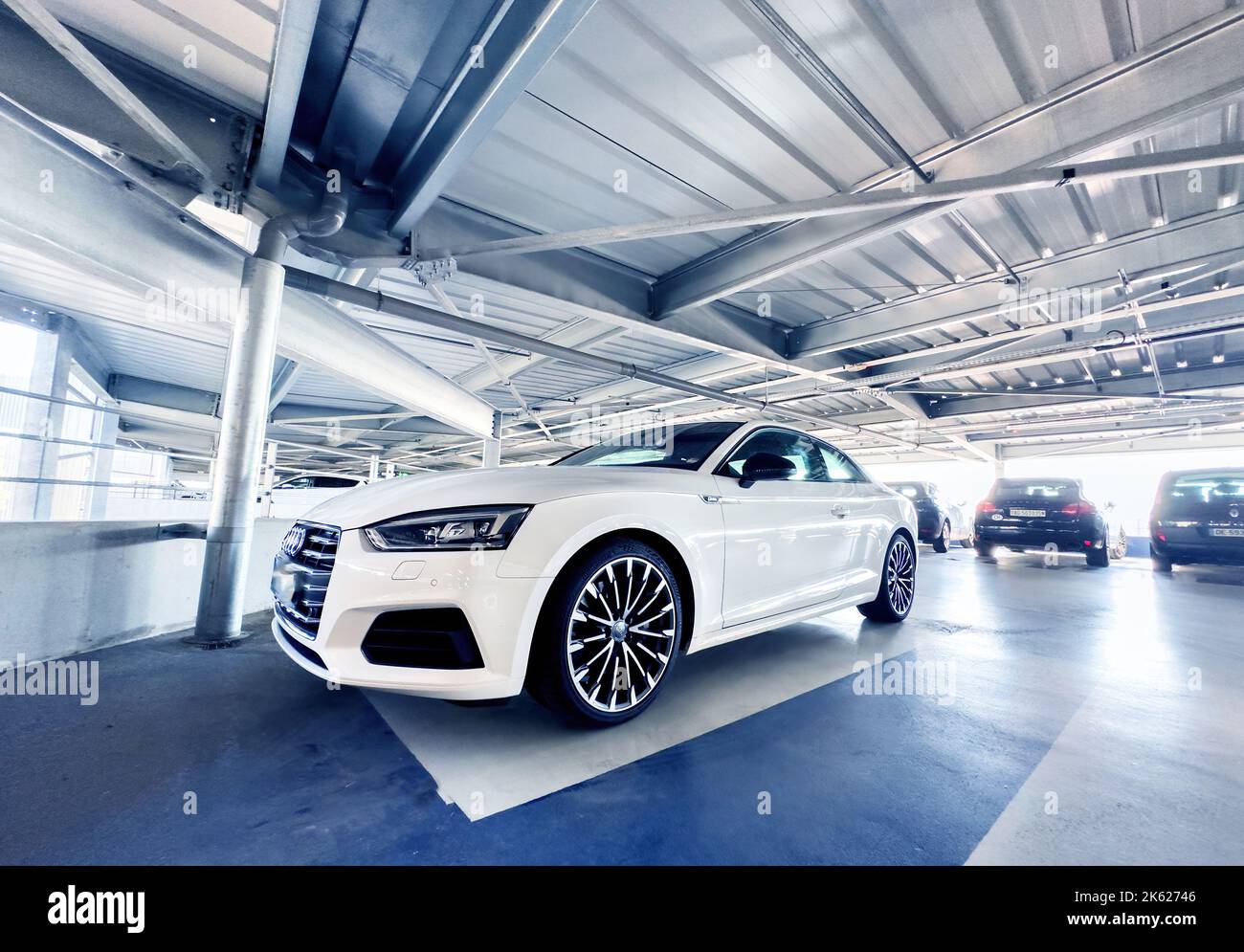 Basel, Switzerland - Sep 22, 2022: Front side lower view of new white ...