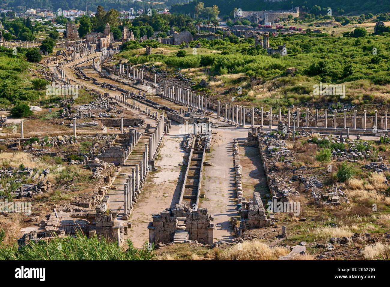 Aerial of columned street in the ruins of the Roman city of Perge ...