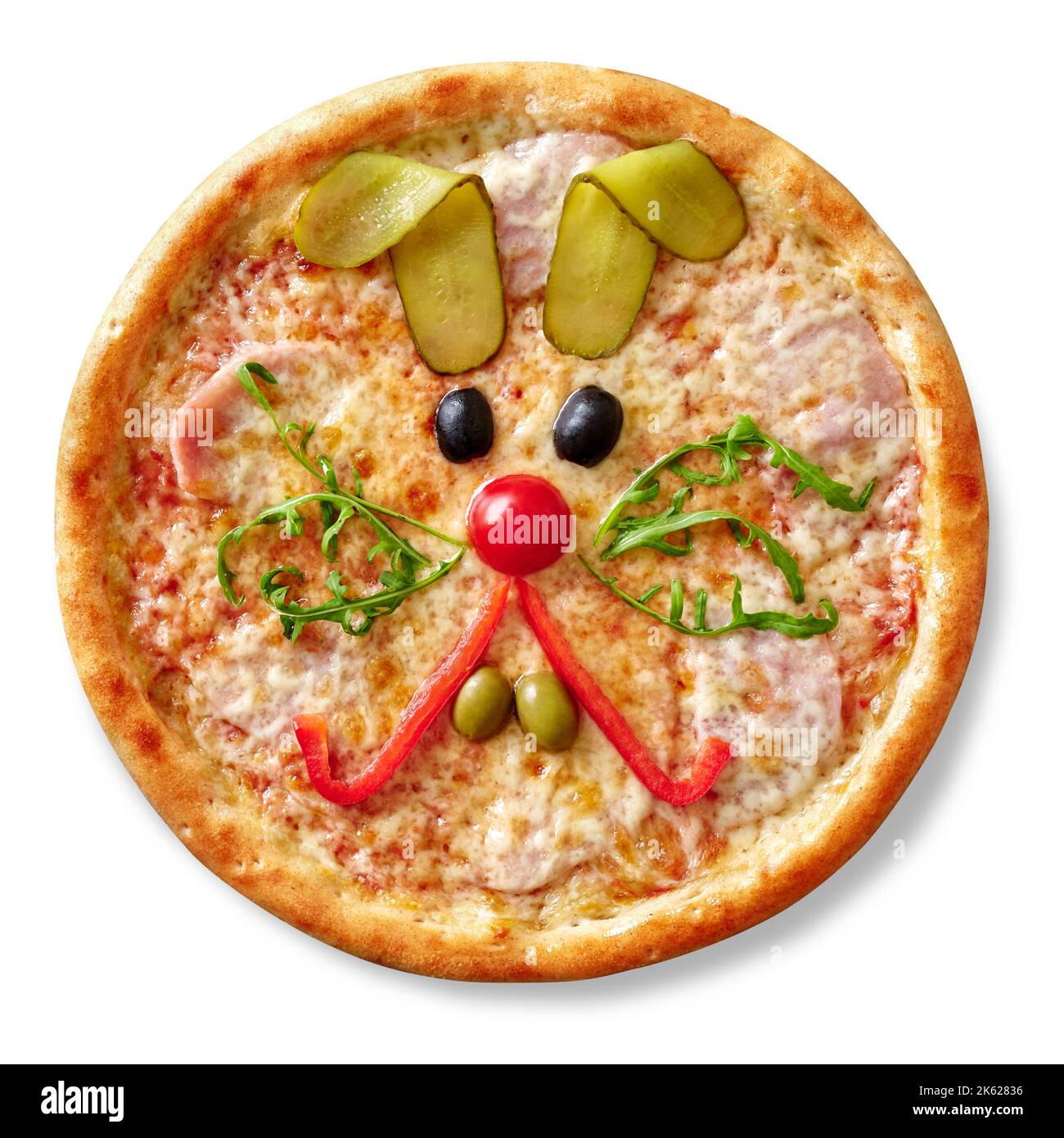 Kids pizza with ham, mozzarella and funny rabbit muzzle of cherry ...