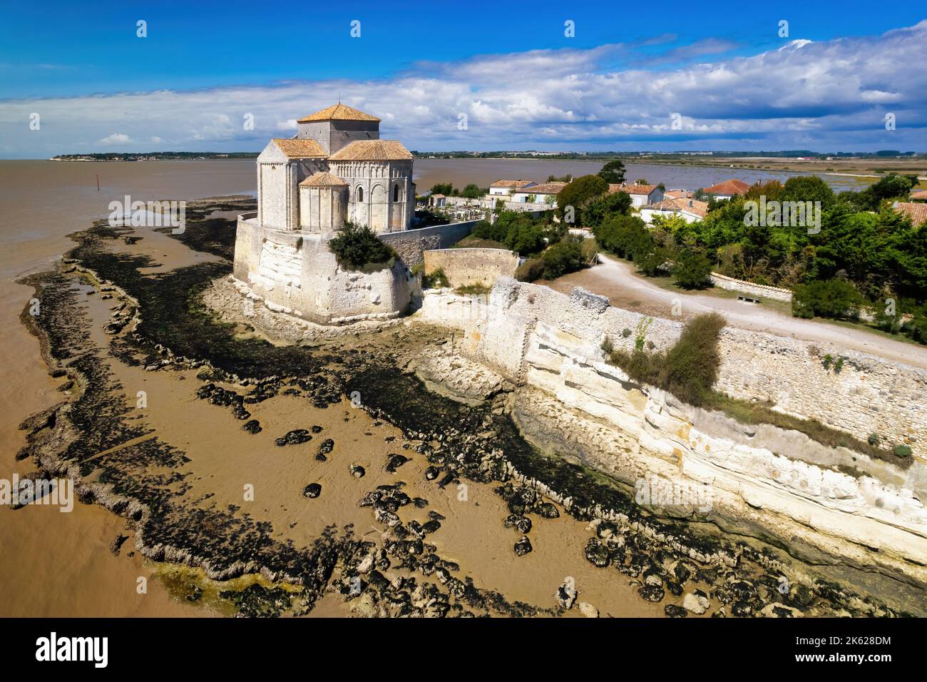 Aerial shot of the Sainte Radegonde chapel in the Talmont village in ...