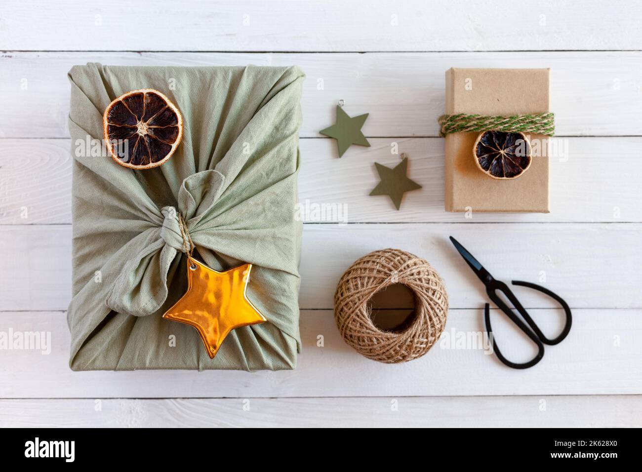 set of Christmas gifts, top view, ecological concept, zero waste Stock ...