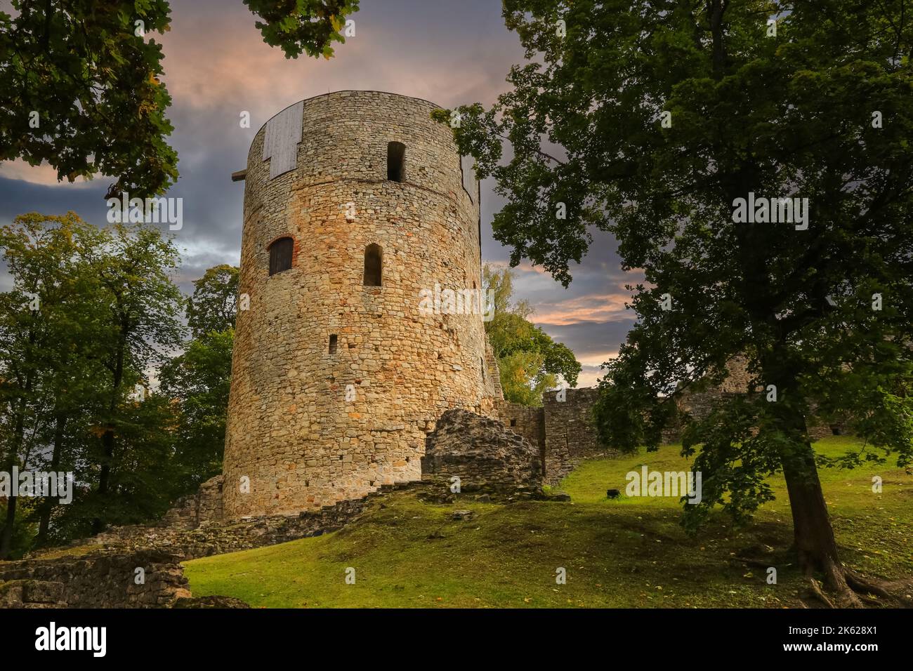 Autumn park and abandoned medieval castle in the town Cesis which has ...