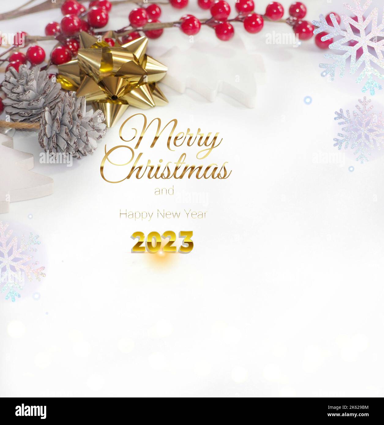 Merry Christmas and happy new year 2023 greeting card with bokeh lights and Christmas tree Stock ...