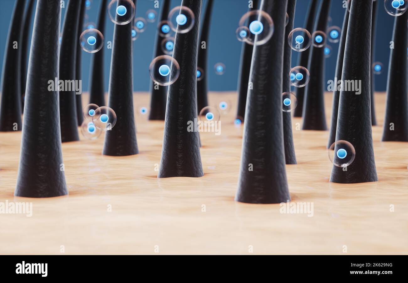 Dense hair and skin, hair treatment concept, 3d rendering. Computer ...