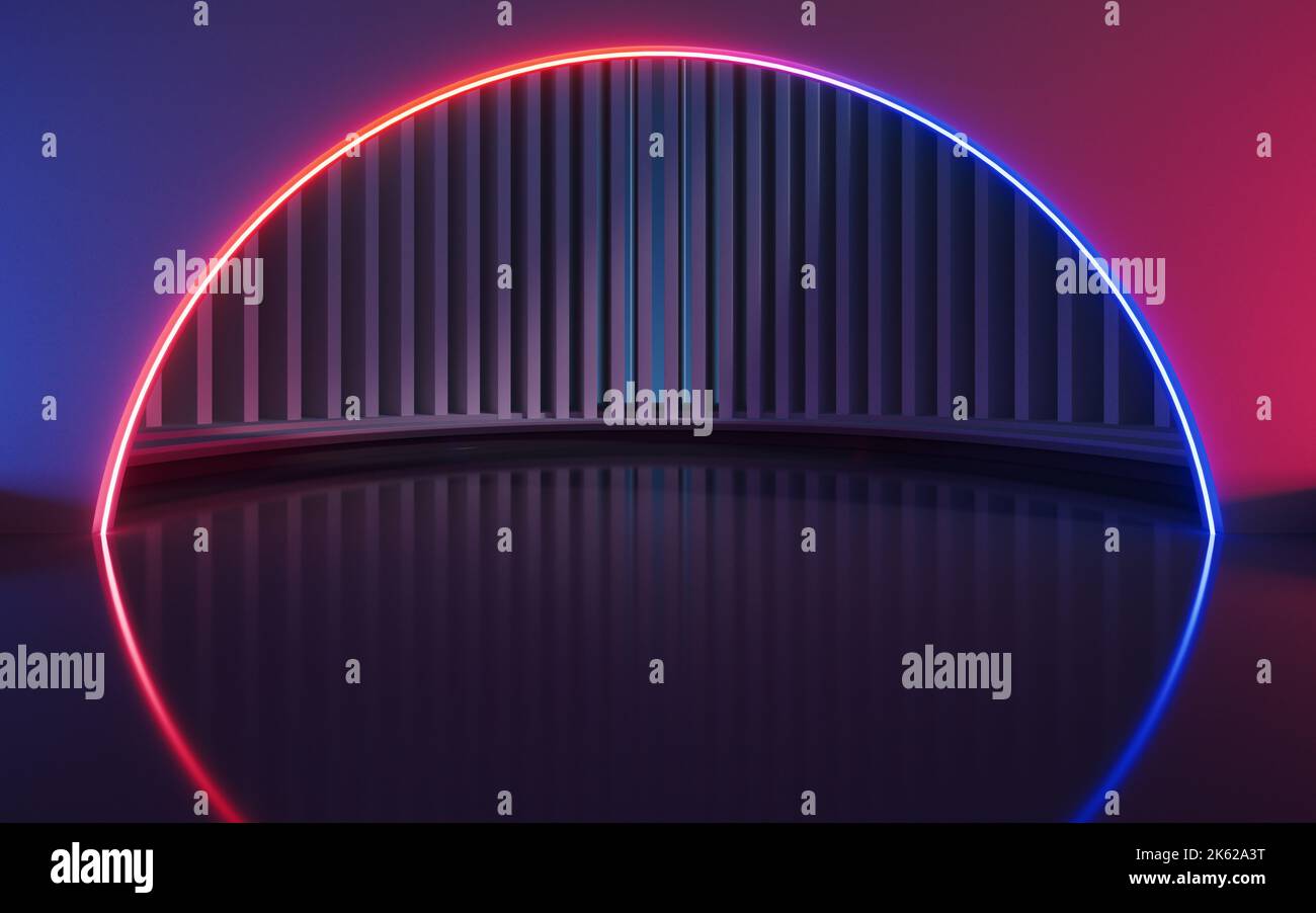 Dark room with glowing neon lines, 3d rendering. Computer digital ...