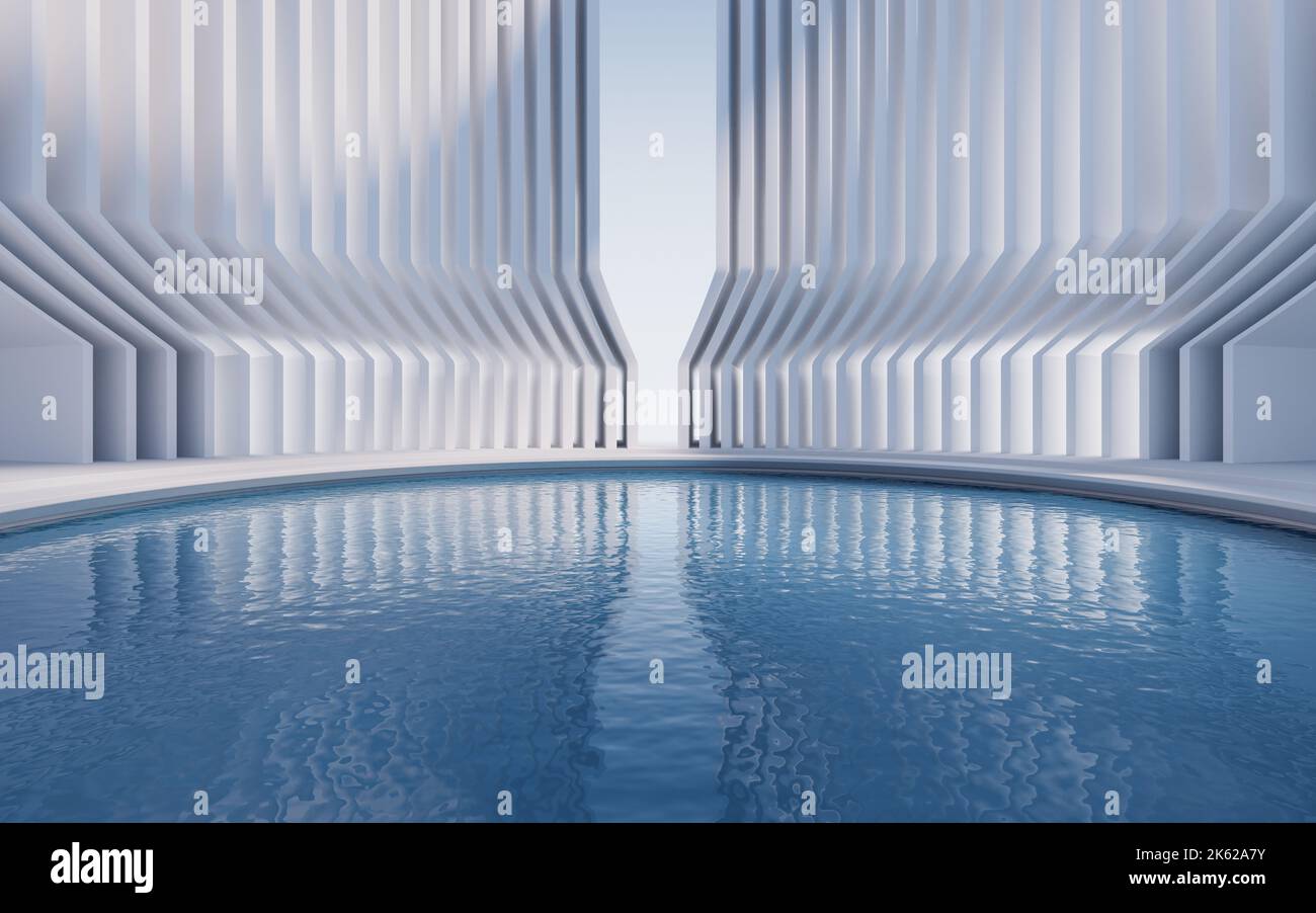 Water surface with creative geometric structure, 3d rendering. Computer ...