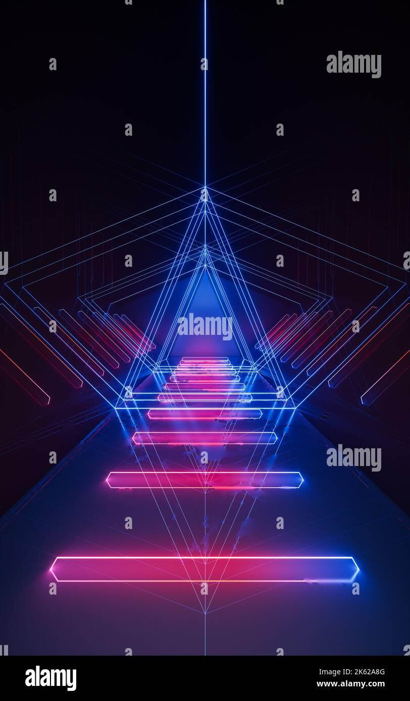 Dark tunnel with glowing neon lines, 3d rendering. Computer digital ...