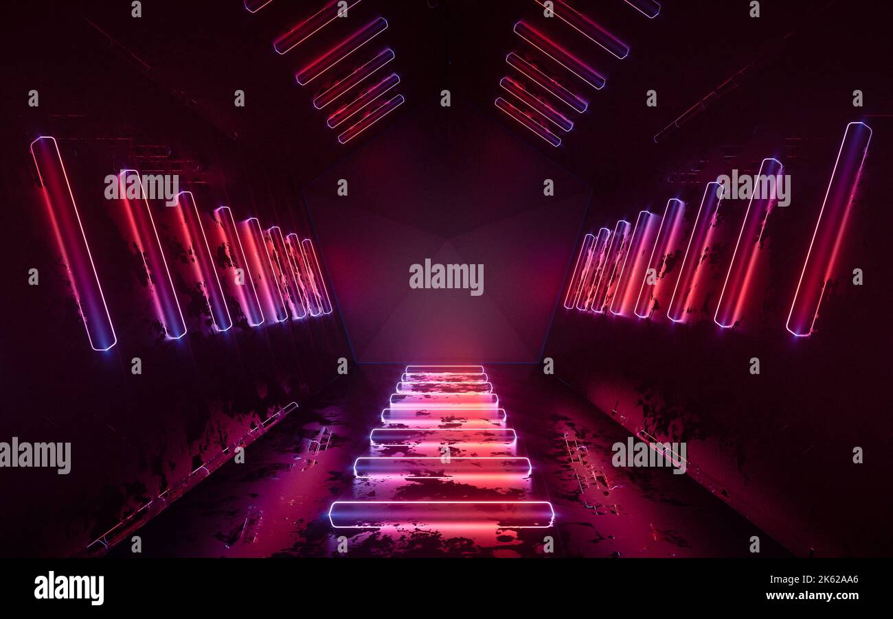 Dark tunnel with glowing neon lines, 3d rendering. Computer digital ...