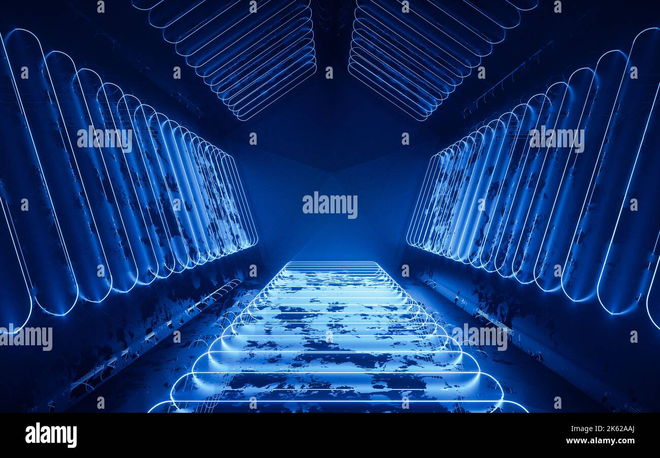 Dark tunnel with glowing neon lines, 3d rendering. Computer digital ...