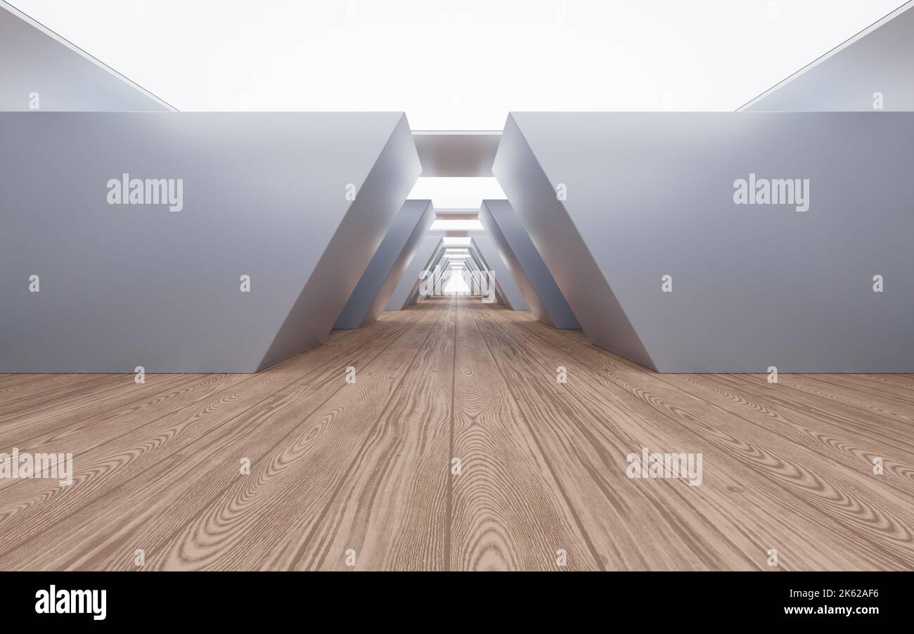 Empty building structure with wood floor, 3d rendering. Computer ...
