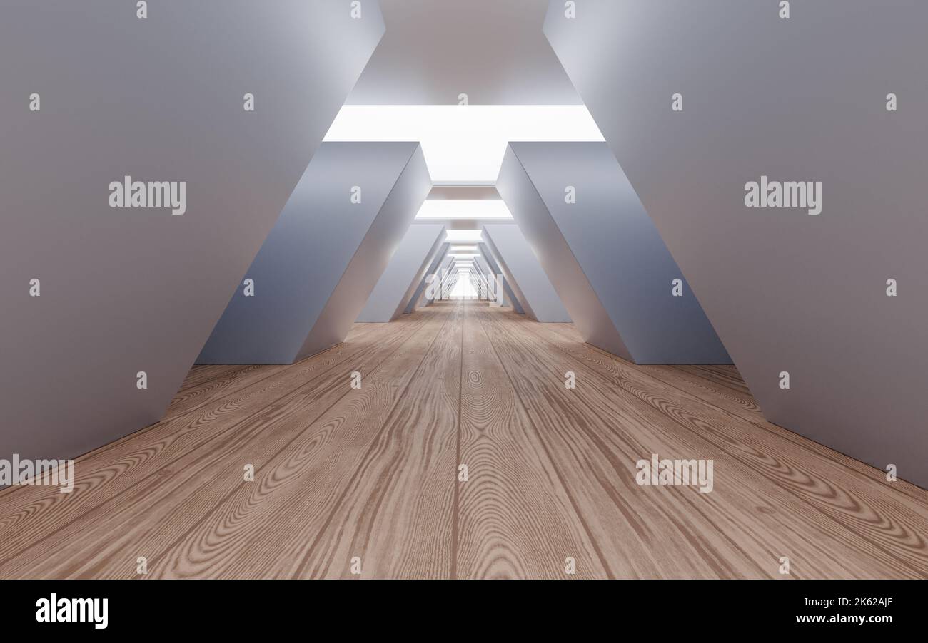 Empty building structure with wood floor, 3d rendering. Computer ...