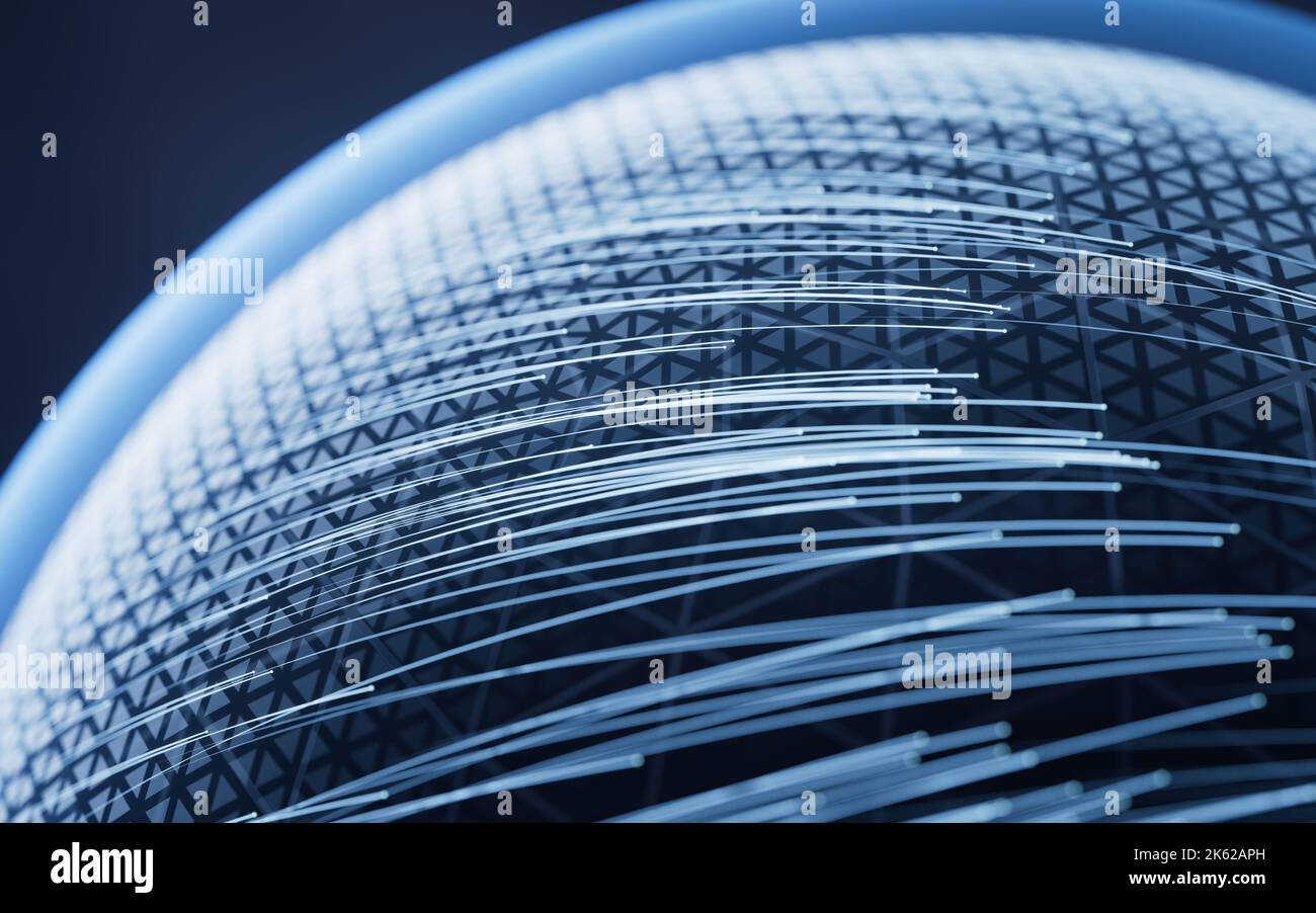 Digital sphere with glowing lines structure, 3d rendering. Computer ...