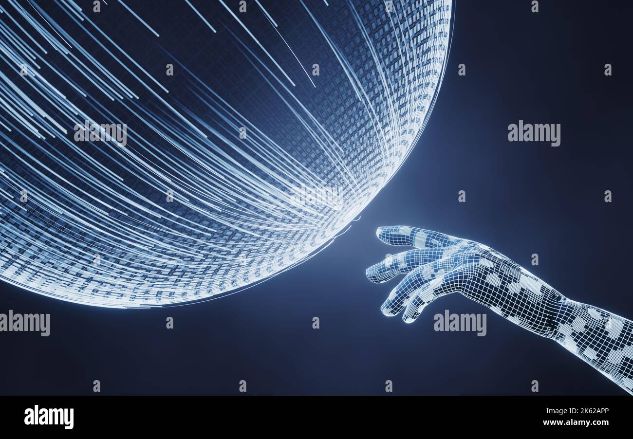 Digital sphere and digital hand with glowing lines structure, 3d ...
