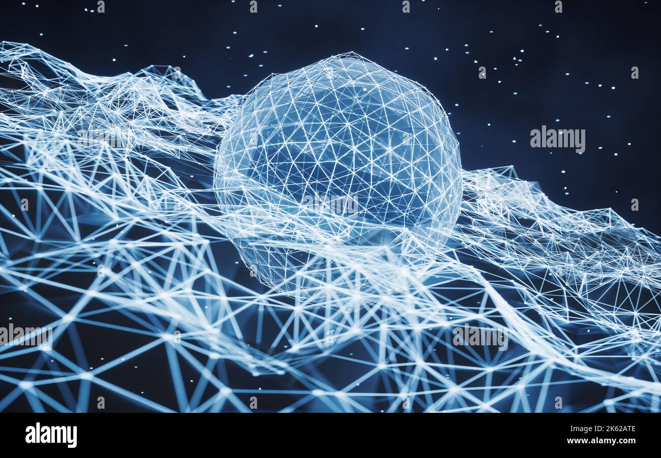 Digital sphere with glowing lines structure, 3d rendering. Computer ...