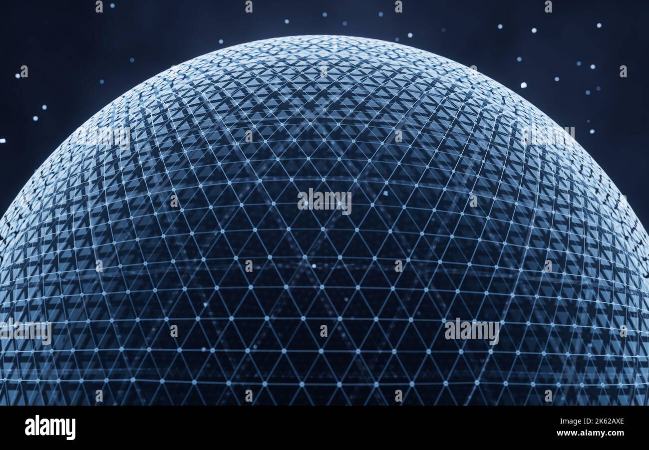 Digital sphere with glowing lines structure, 3d rendering. Computer ...