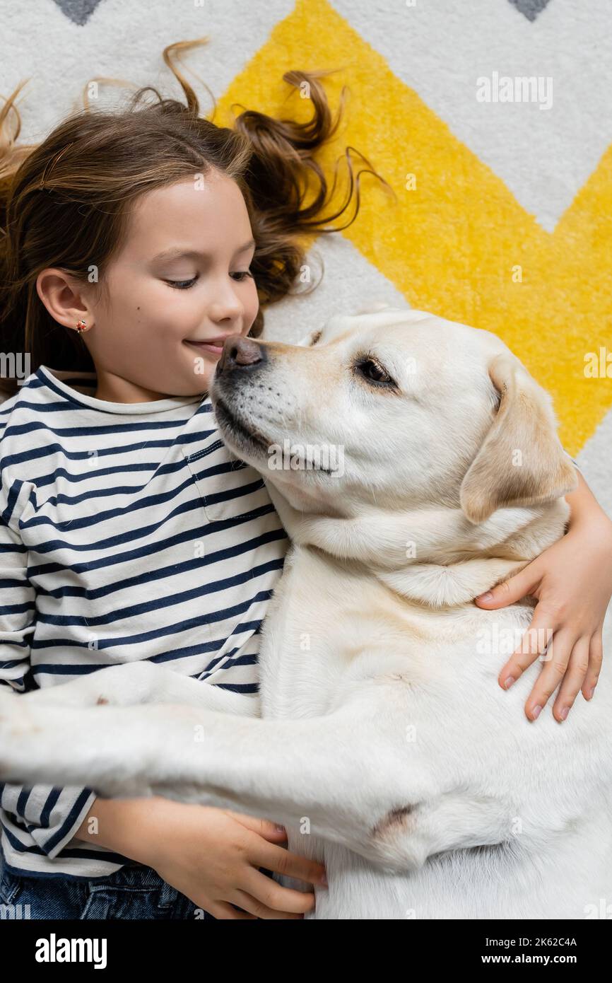 Top view of smiling girl hugging labrador on floor at home,stock image ...