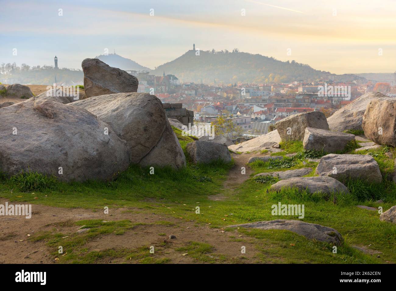 Plovdiv, Bulgaria cityscape view of city and the ruins of the old ...