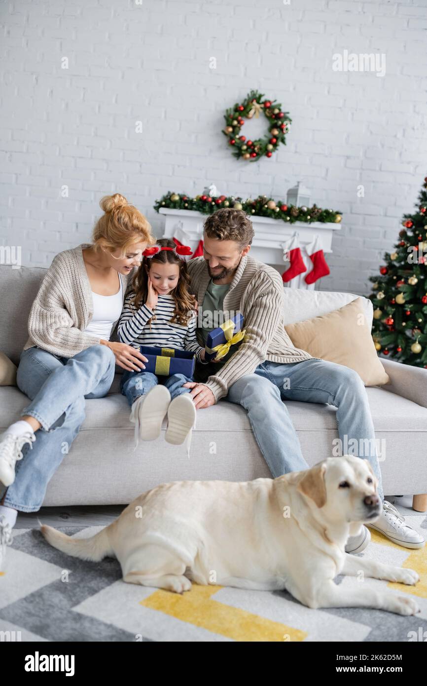 Smiling family looking at opened gift box near labrador during ...