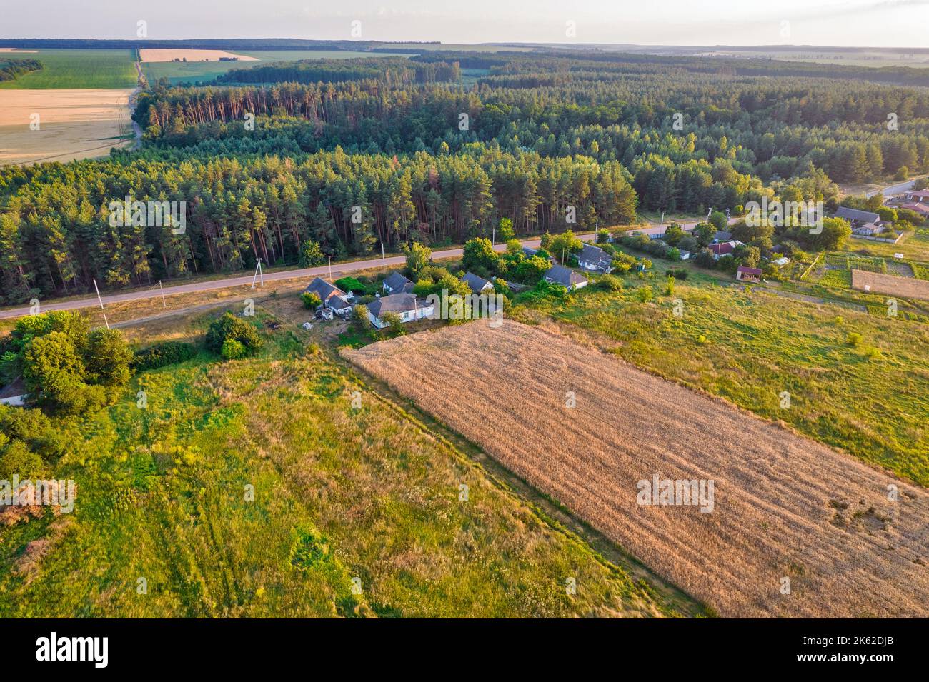 Drone aerial view over summer sunset rural landscape, Ukraine Stock ...