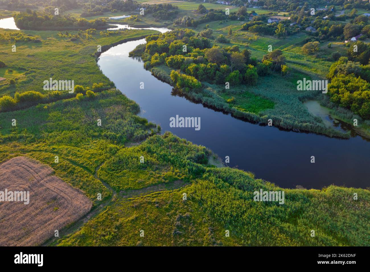 Drone aerial view over summer sunset river Ros landscape, Ukraine Stock ...