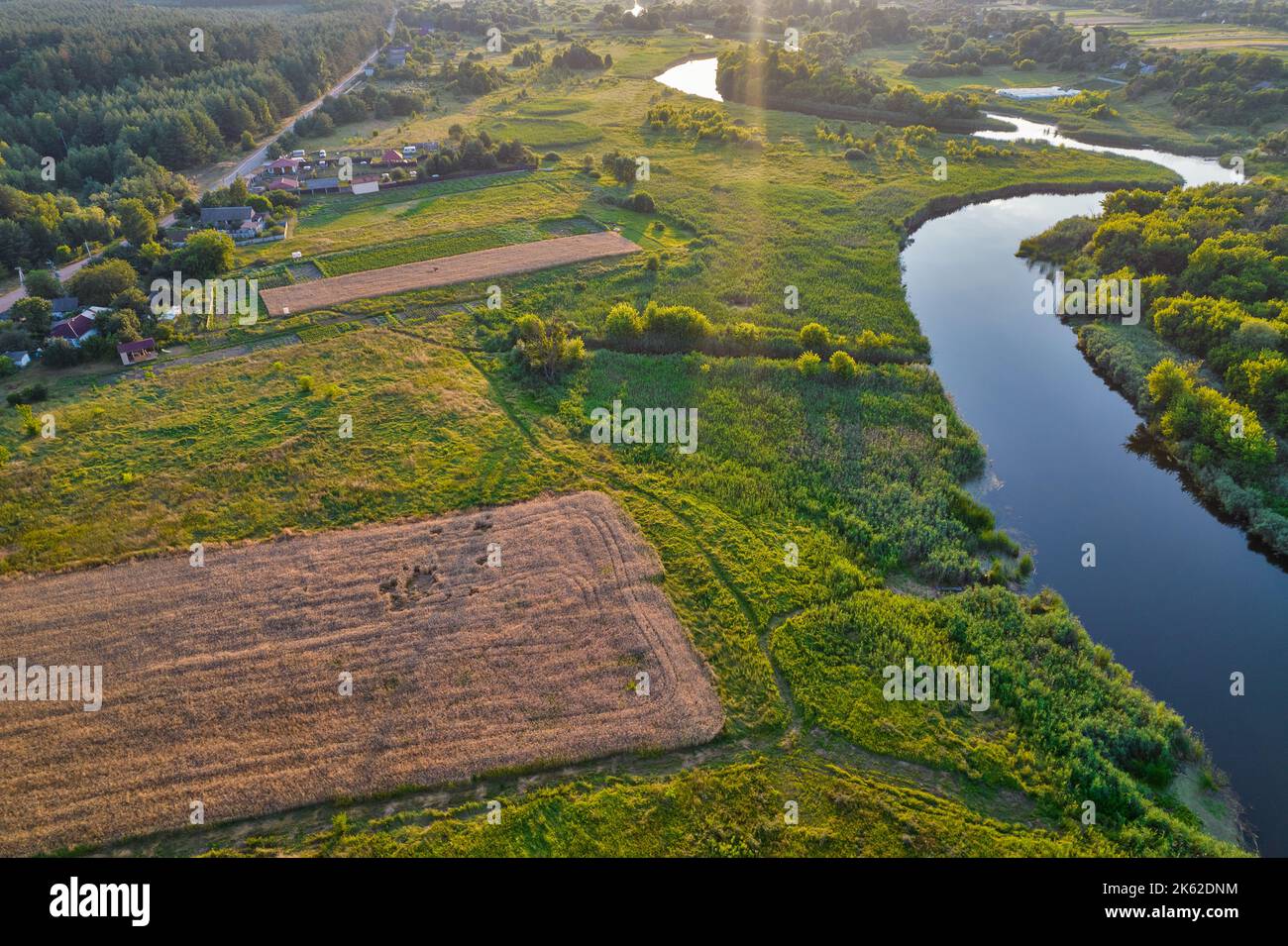 Drone aerial view over summer sunset river Ros landscape, Ukraine Stock ...