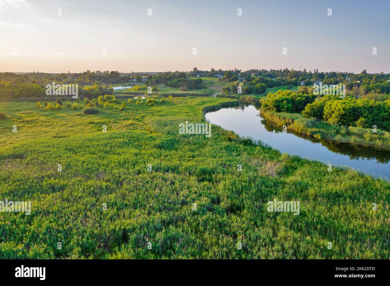 Drone aerial view over summer sunset river Ros landscape, Ukraine Stock ...