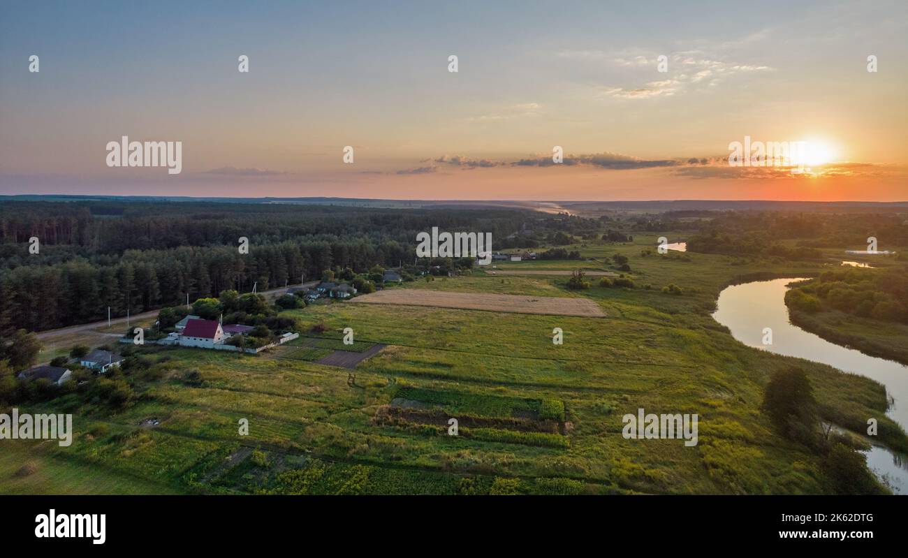 Drone aerial view over summer sunset river Ros landscape, Ukraine Stock ...