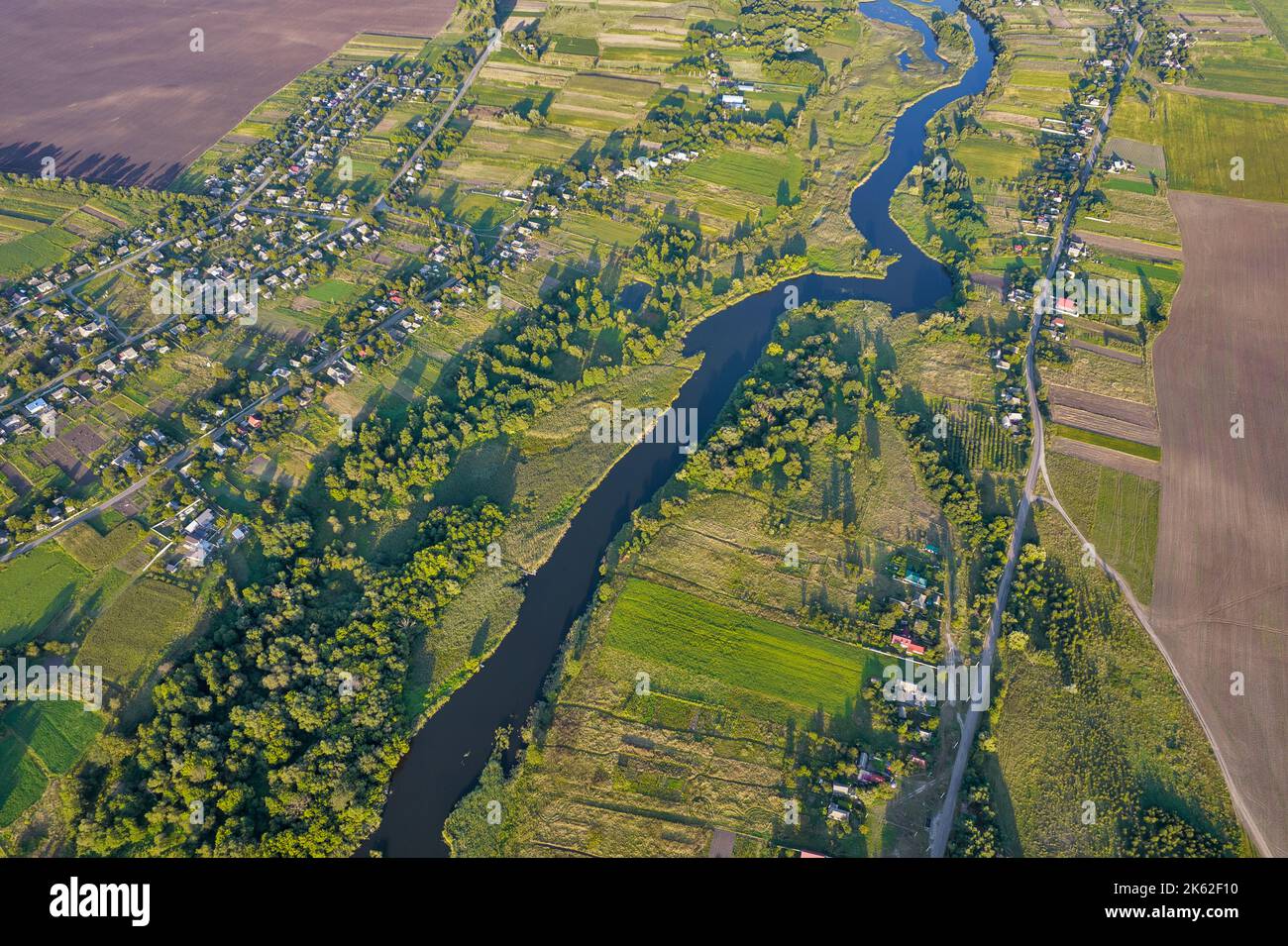 Drone aerial view over summer sunset river Ros landscape, Ukraine Stock ...