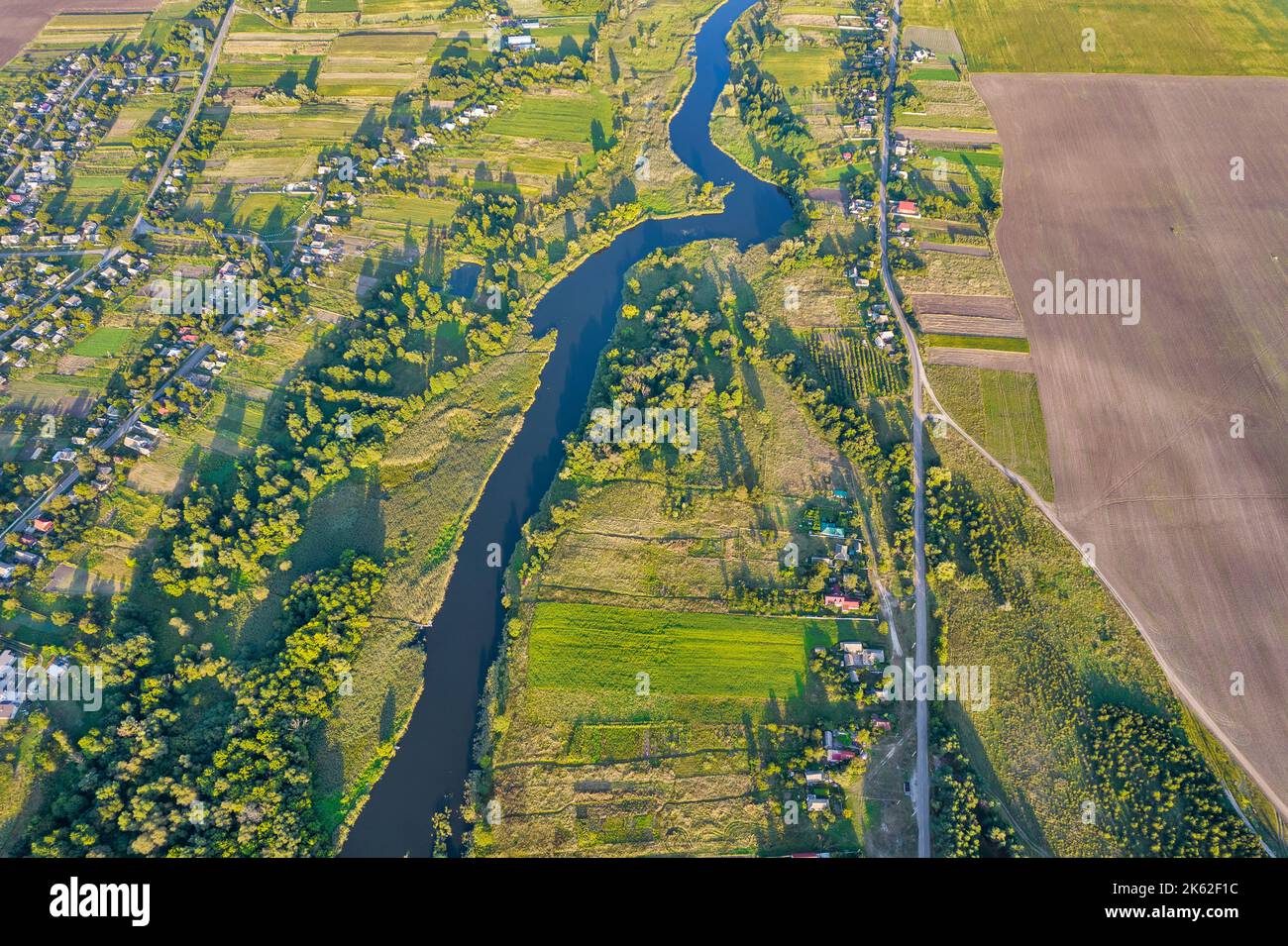 Drone aerial view over summer sunset river Ros landscape, Ukraine Stock ...