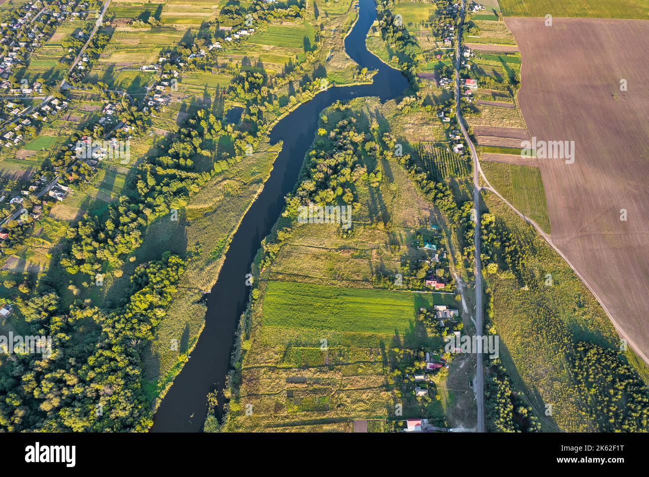Drone aerial view over summer sunset river Ros landscape, Ukraine Stock ...