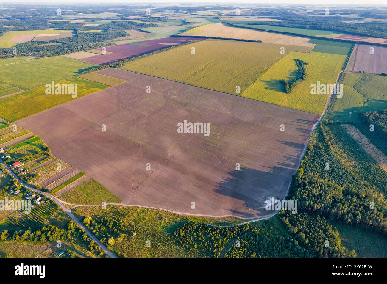 Drone aerial view over summer sunset agricultural fields landscape ...