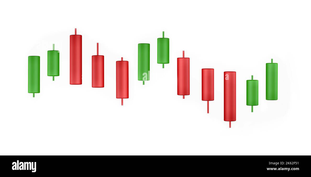 An illustration of a three dimensional red-green candlestick chart on a ...