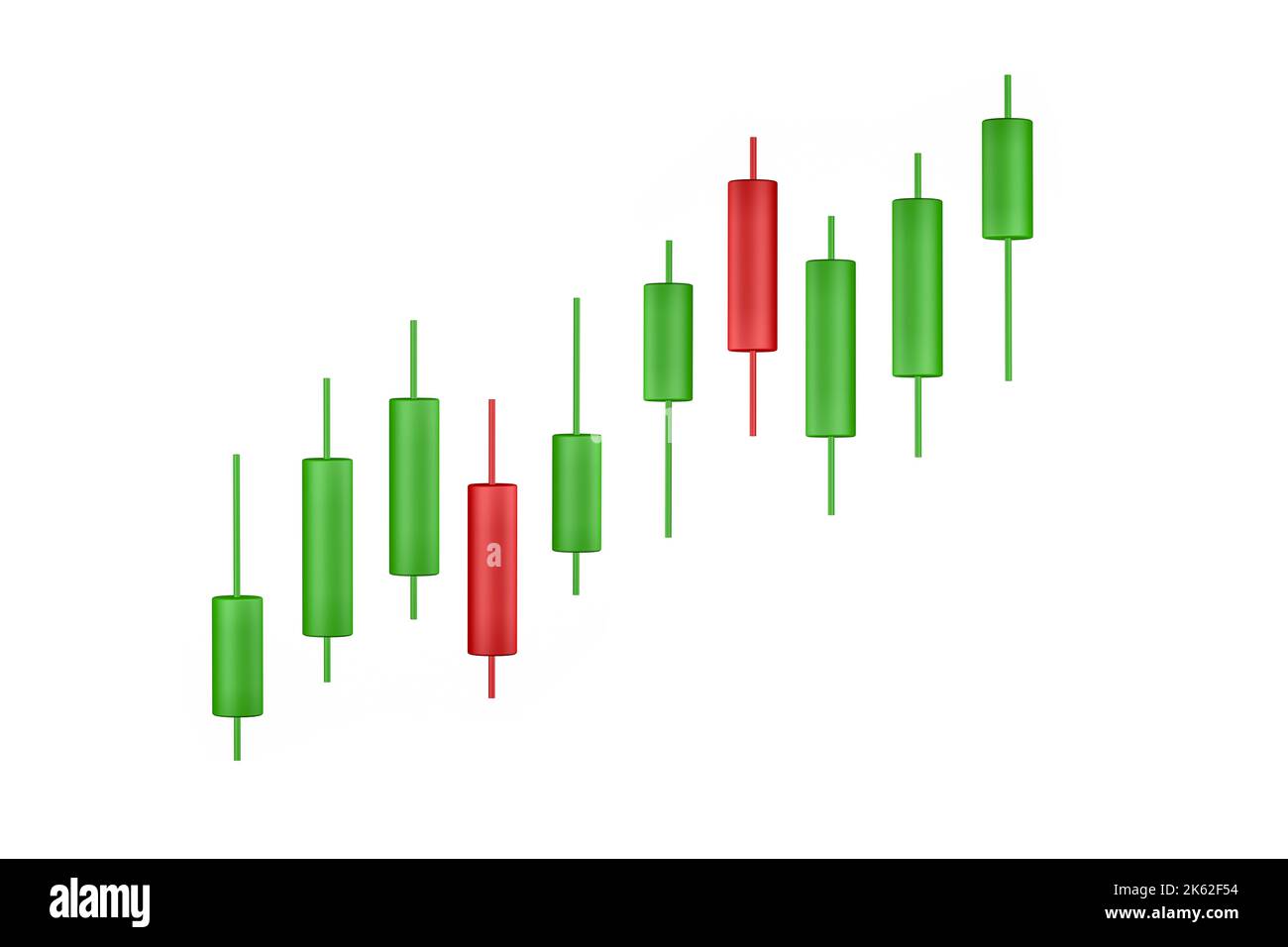 An illustration of a three dimensional red-green candlestick chart on a ...