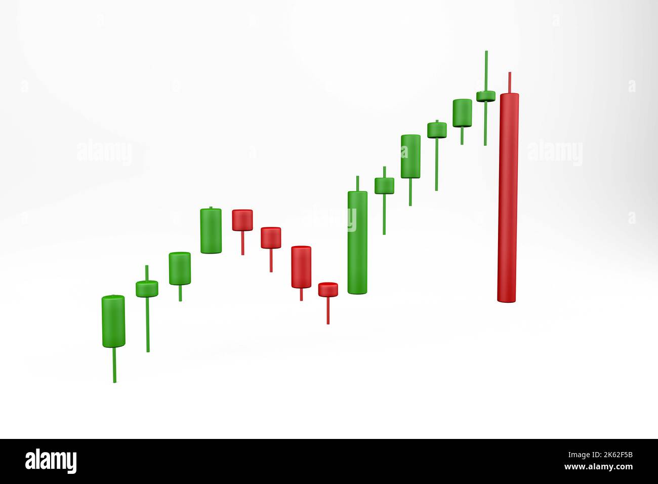 An illustration of a three dimensional red-green candlestick chart on a ...
