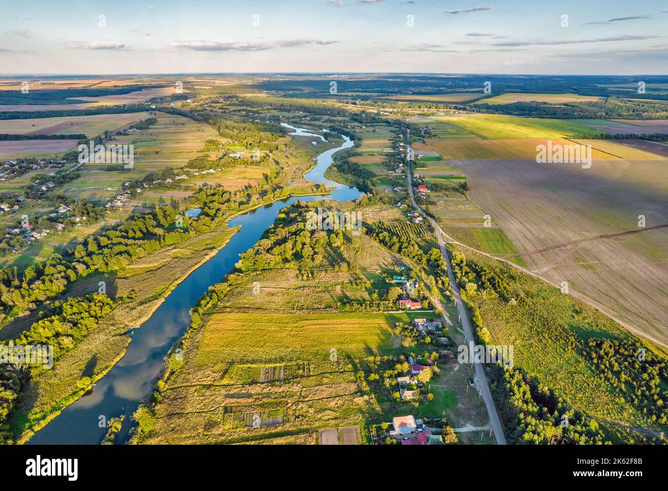 Drone aerial view over summer sunset river Ros landscape, Ukraine Stock ...
