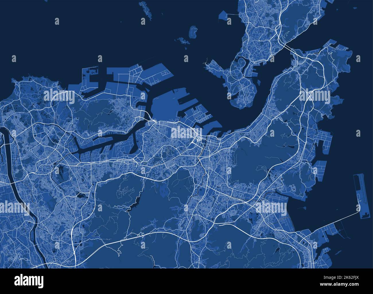 Detailed map poster of Kitakyushu city administrative area. Blue ...