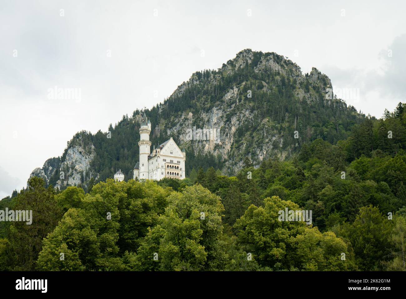 A beautiful view of the Neuschwanstein castle on green mountains in ...