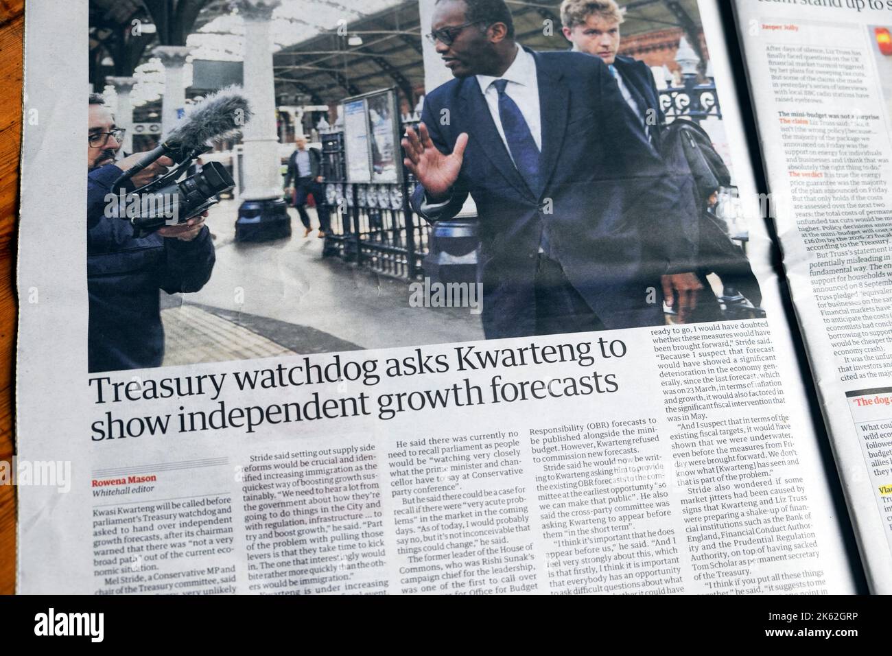'Treasury watchdog asks Kwarteng to show independent growth forecasts ...