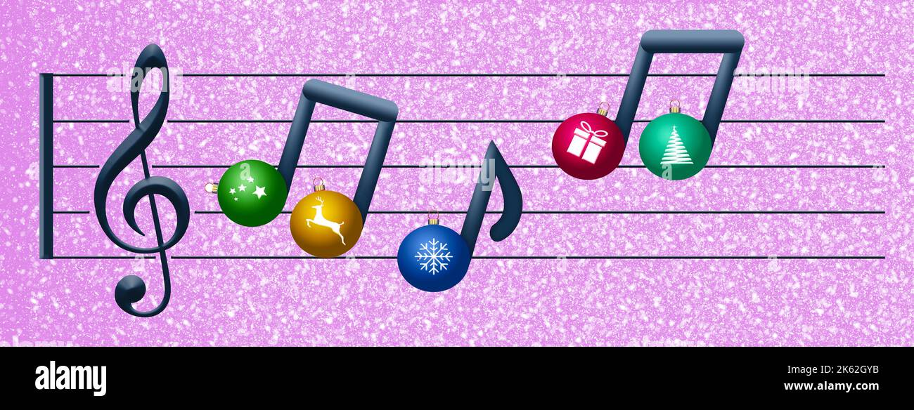 Musical notes made of Christmas ornaments float on a treble clef in ...