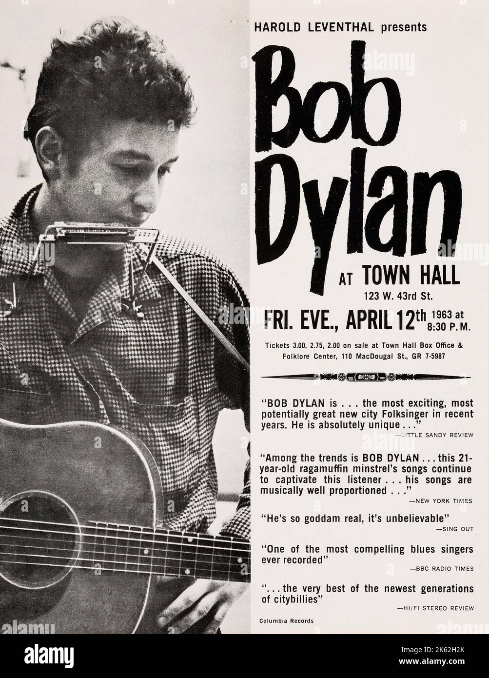Bob Dylan 1963 Town Hall, New York Handbill for His First Major Concert ...